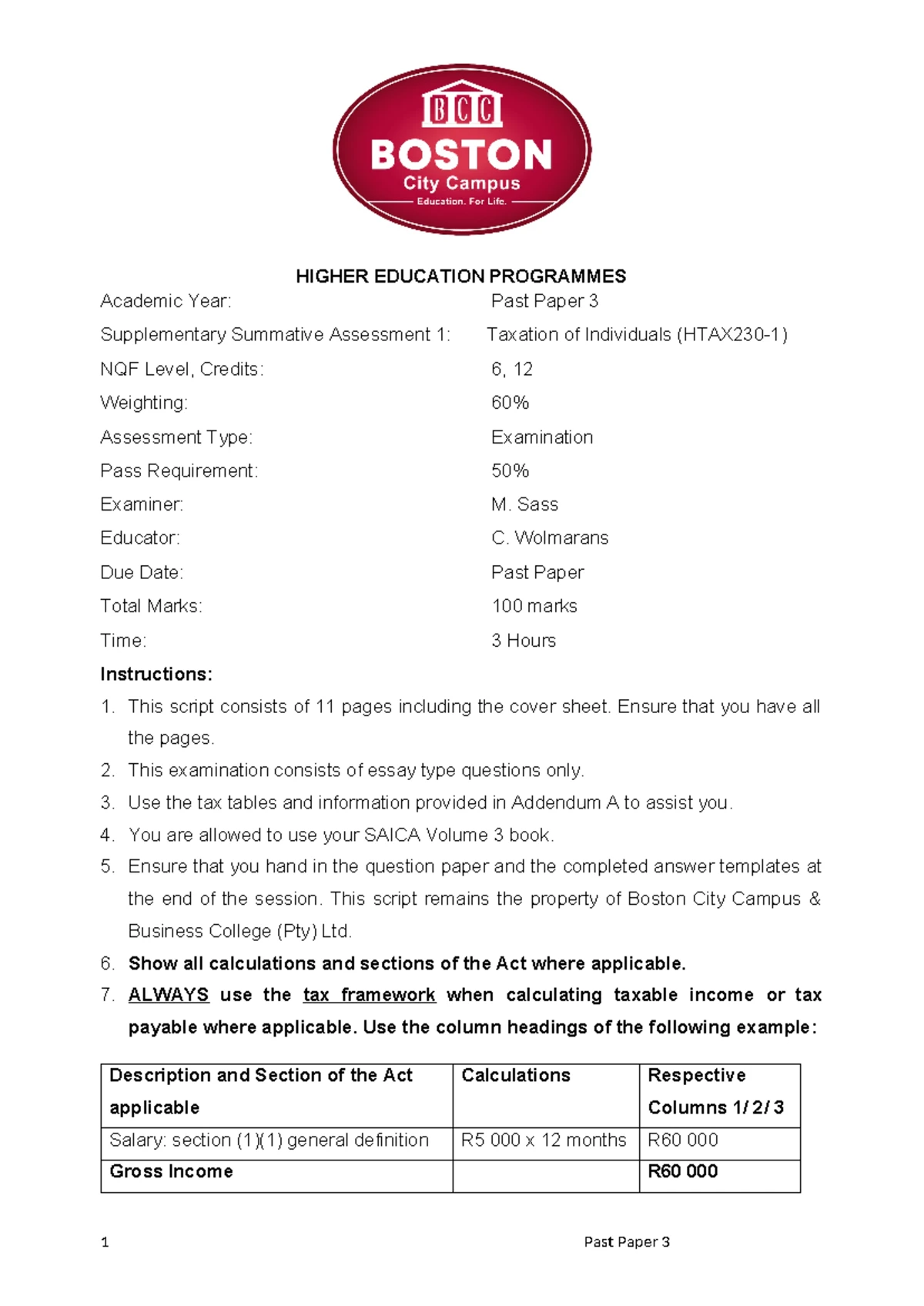 HTAX230-1 Final Examination: Taxation of Individuals Past Paper 3 - Studocu
