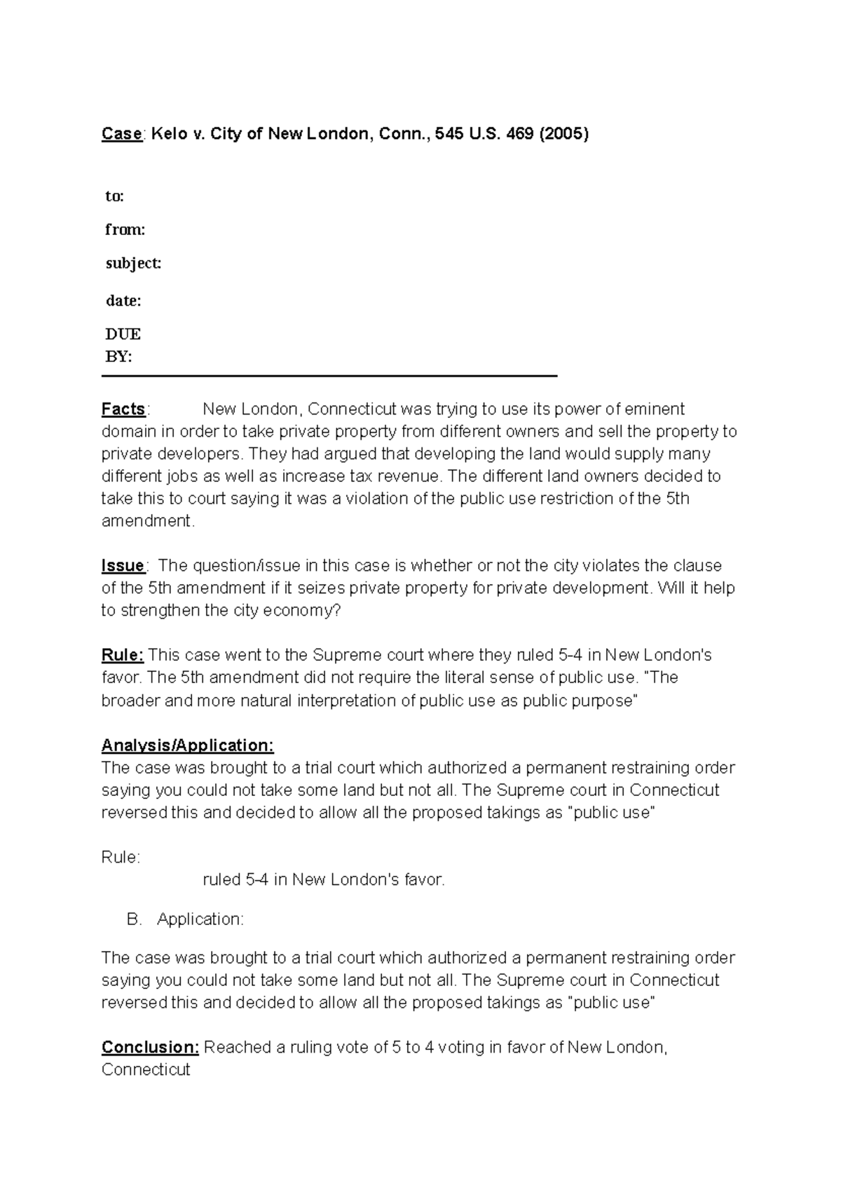 Kelo v. City of New London - Case Brief Analysis & Implications - Studocu