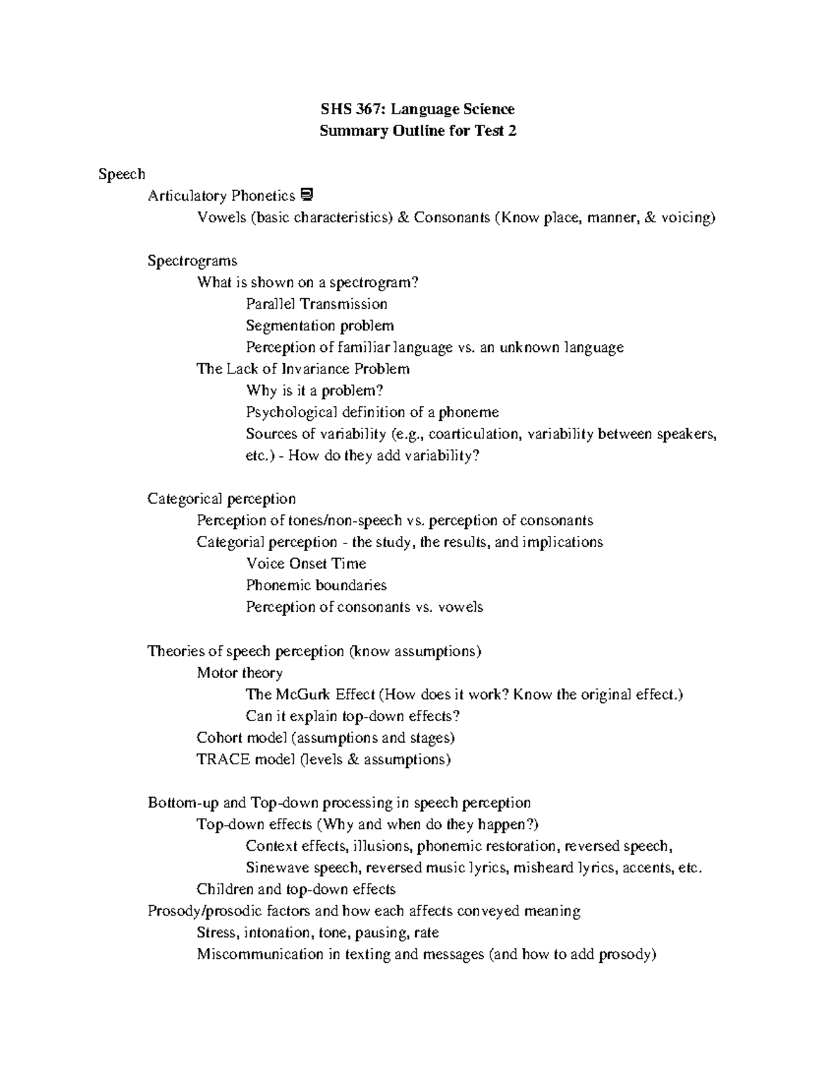 SHS 367: Language Science - Test 2 Summary Outline on Speech - Studocu