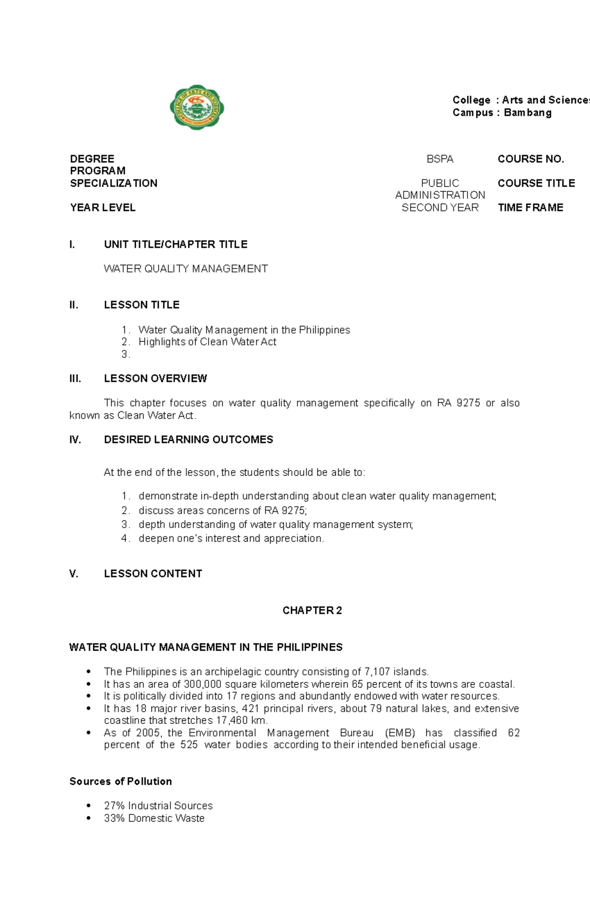 BSPA 2nd Year Lecture on Water Quality Management and RA 9275 - Studocu