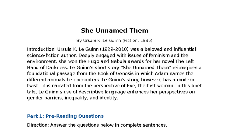 She Unnames Them (Fiction, 1985) Student Worksheet - Studocu