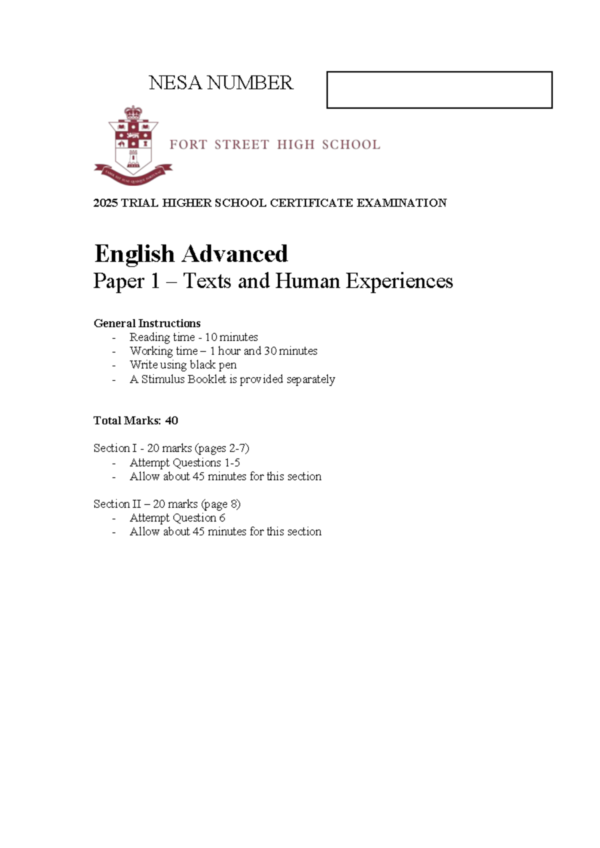Fort St 2025 English Advanced Trial HSC Exam Paper 1: Texts & Human ...