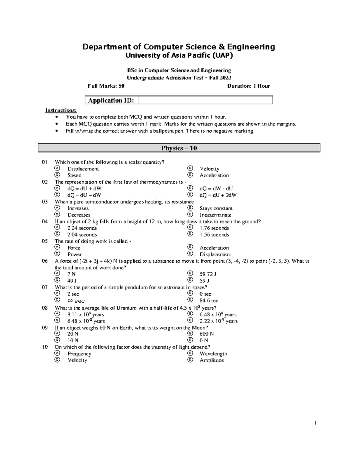 Sample Admission Test Questions for BCSE - CSE Dept. UAP Fall 2023 ...
