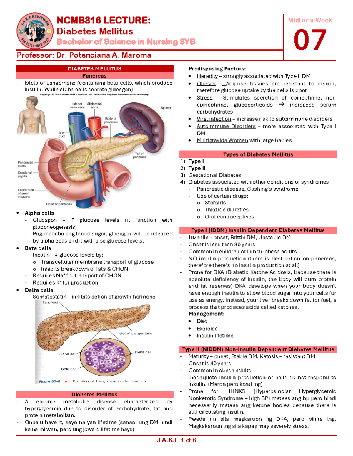 NCMB316 LECTURE: Diabetes Mellitus Midterm Notes for Nursing 3YB - Studocu