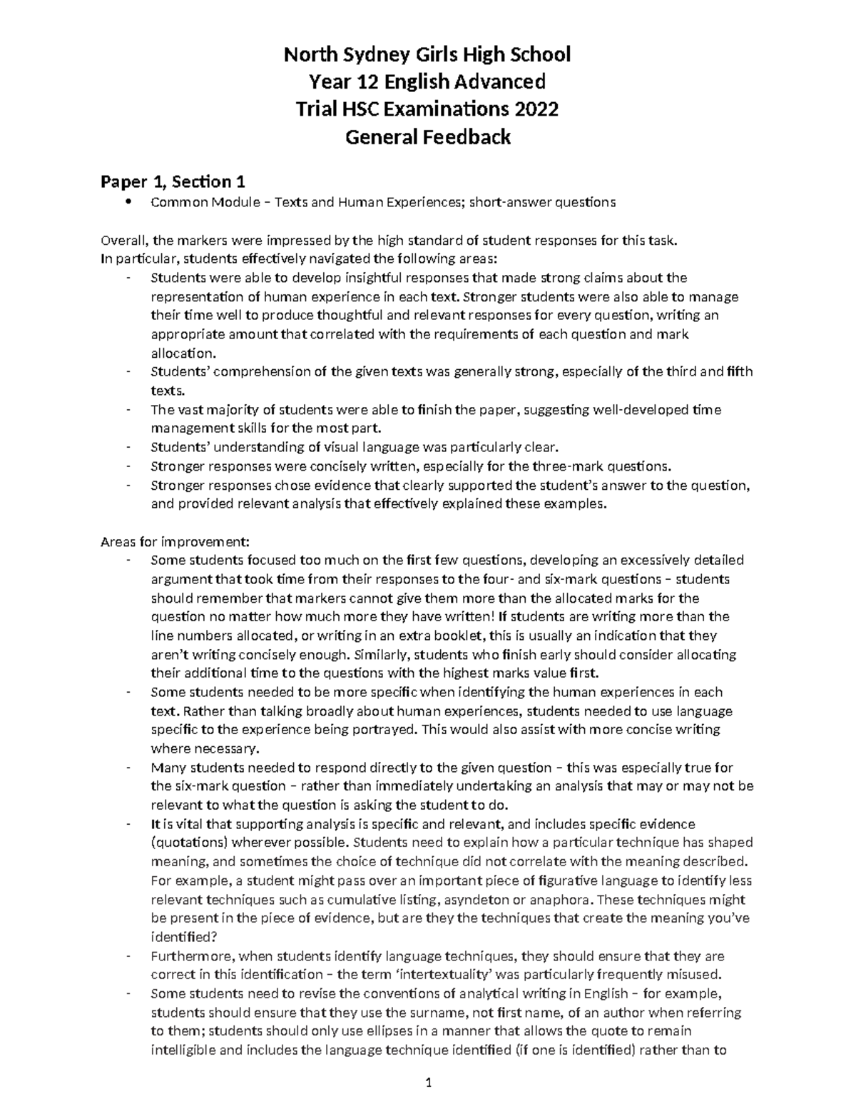 NSG Year 12 English Advanced Trial HSC Exam 2022 - General Feedback ...