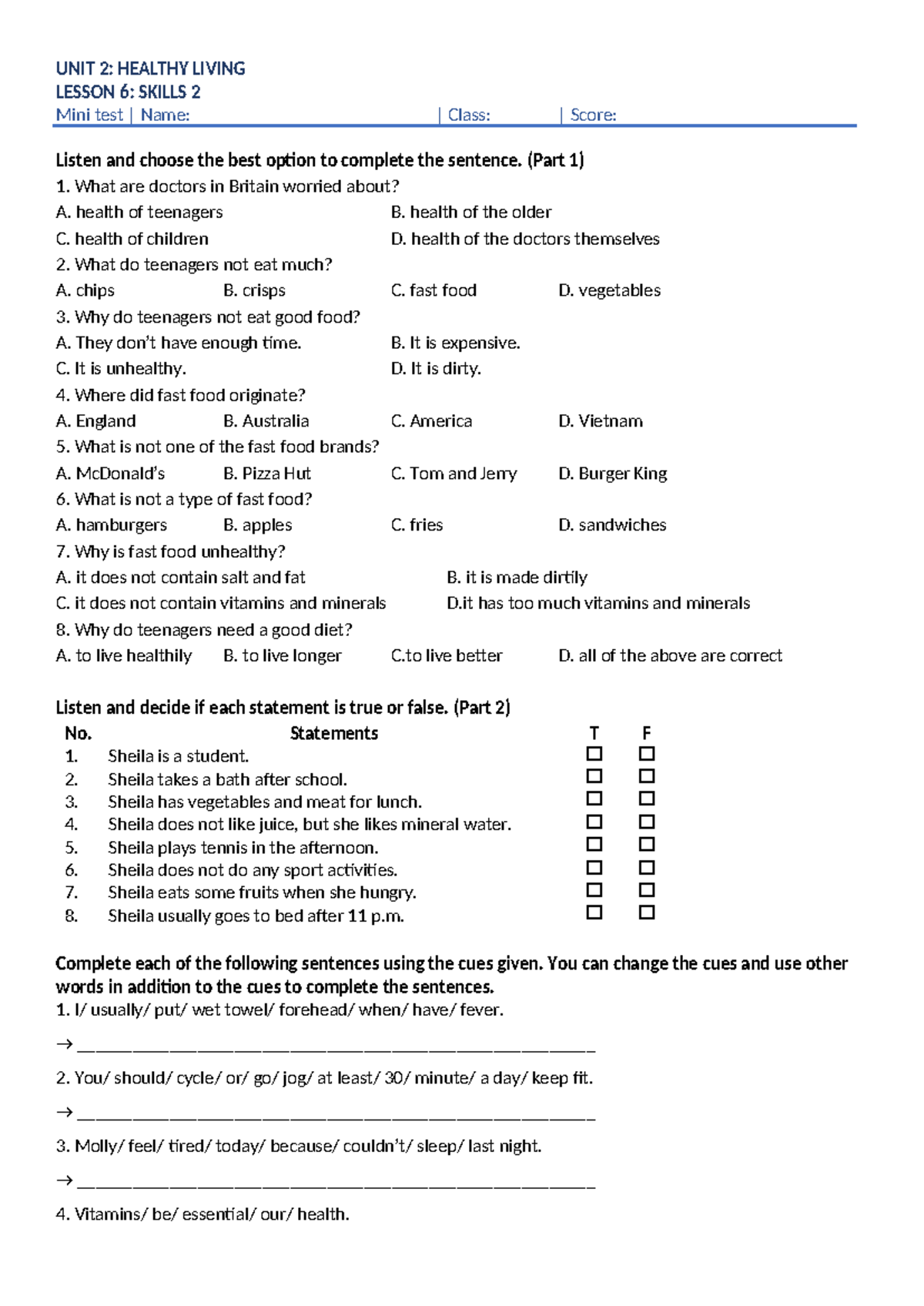 G7 Unit 2: Healthy Living Skills 2 - Practice Test - Studocu