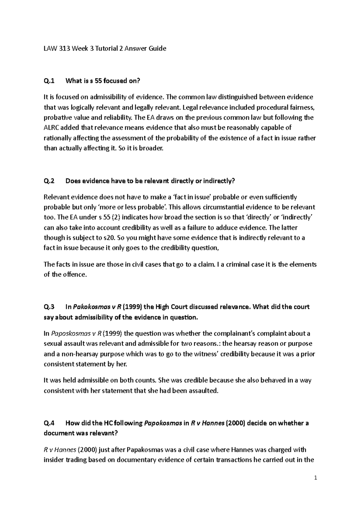 LAW 313 Week 3 Tutorial 2 Answer Guide - LAW 313 Week 3 Tutorial 2 Answer Guide Q What is s 55 ...