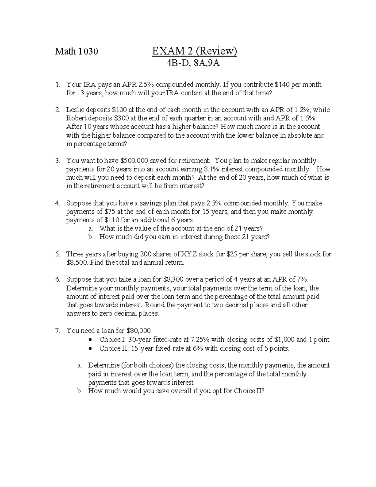 Math 1030 Midterm 2 Review: Exam 2 Concepts & Problems - Studocu