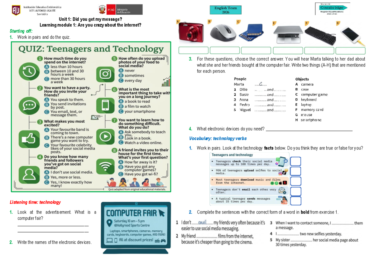 Worksheet U1 M1: Exploring Technology & Past Continuous Grammar - Studocu