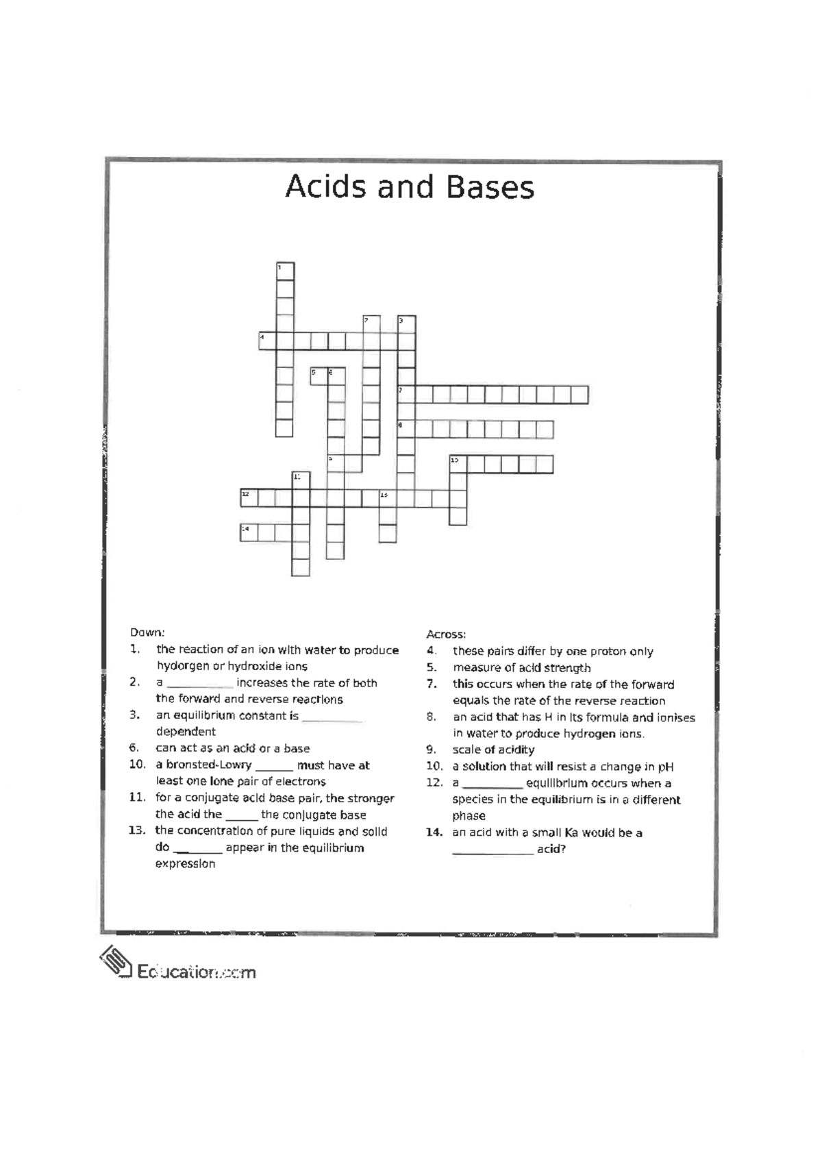Acids and bases crossword puzzle for chemistry 101 - Studocu