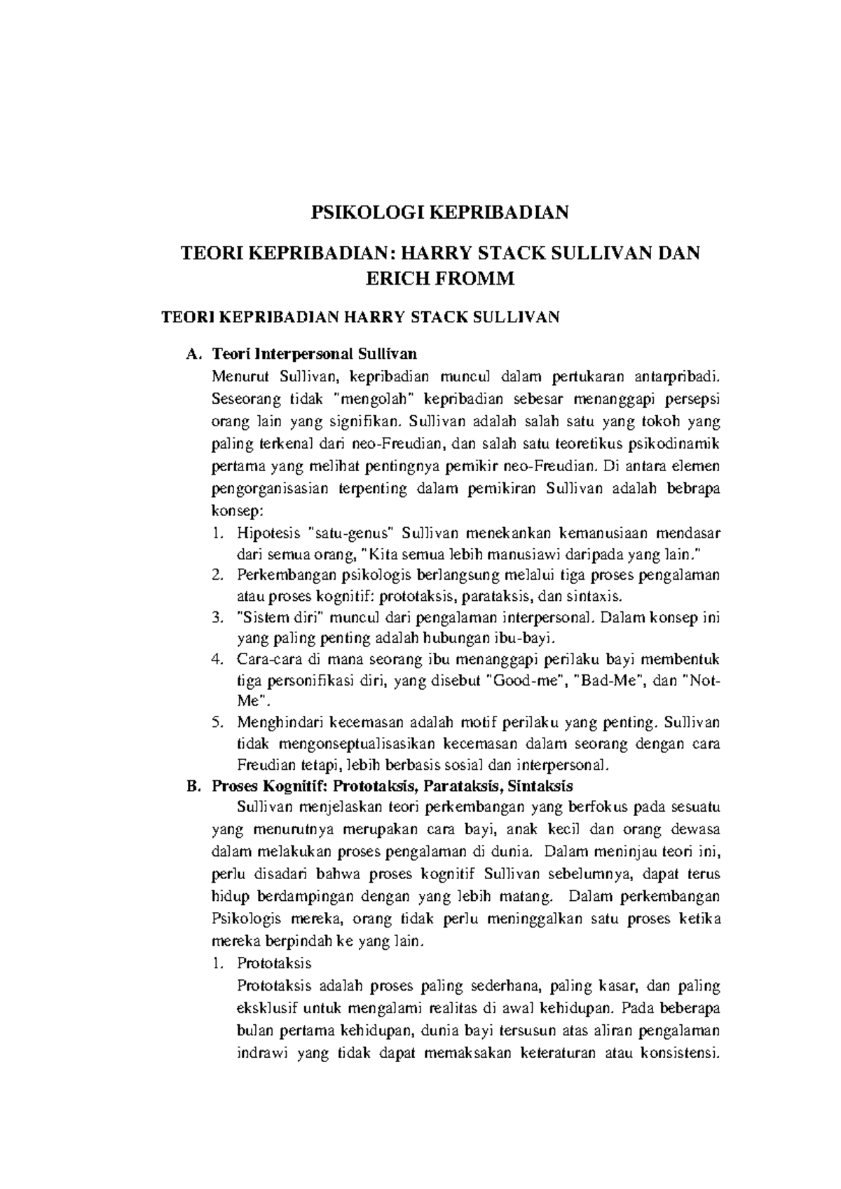 Teori Kepribadian Harry Stack Sullivan dan Erich Fromm - PSIKOLOGI ...