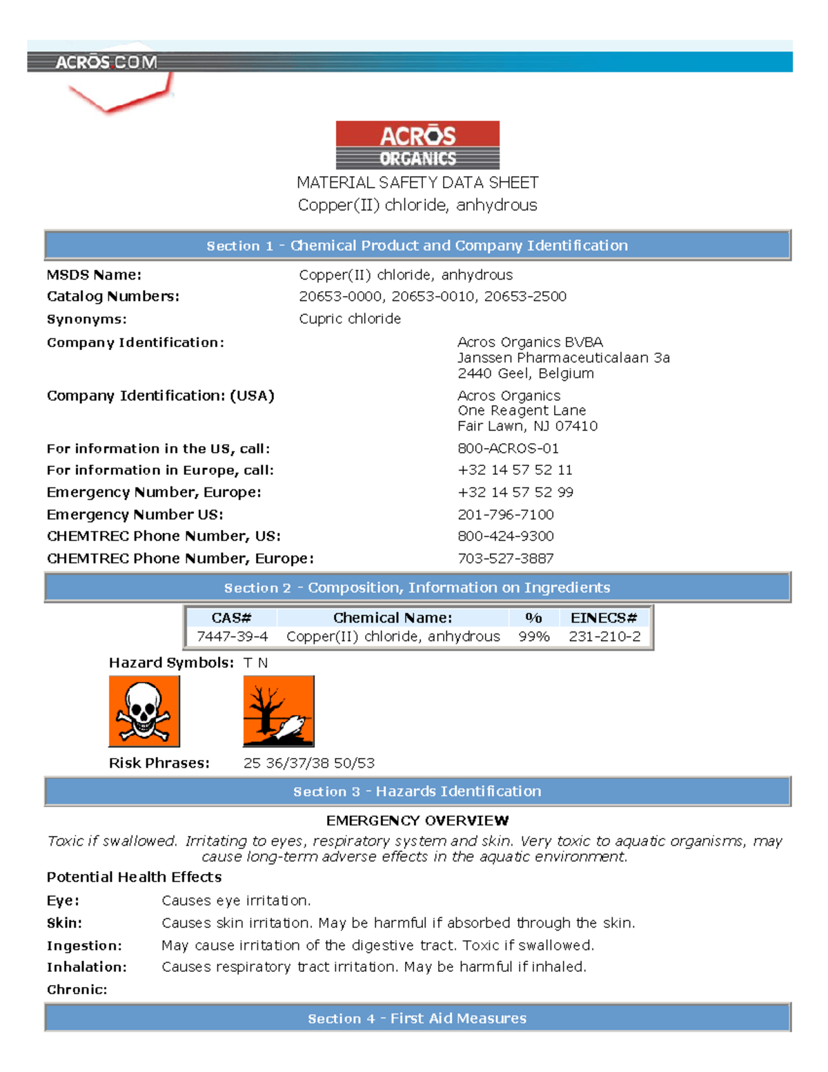T3D1209 - MSDS for Copper(II) Chloride Anhydrous - Safety Information ...