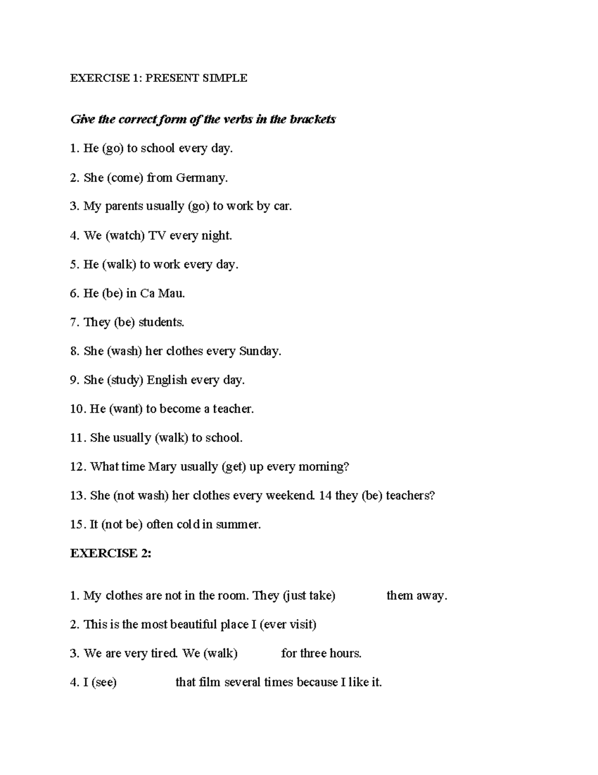 Exercise 1: Present Simple Verb Forms and Usage - Studocu
