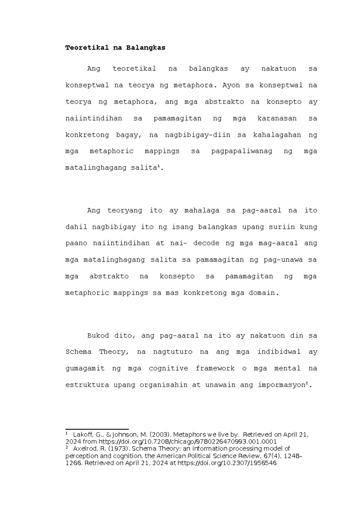 Teoretikal na Balangkas: Pagsusuri ng Metaphora at Schema Theory - Studocu