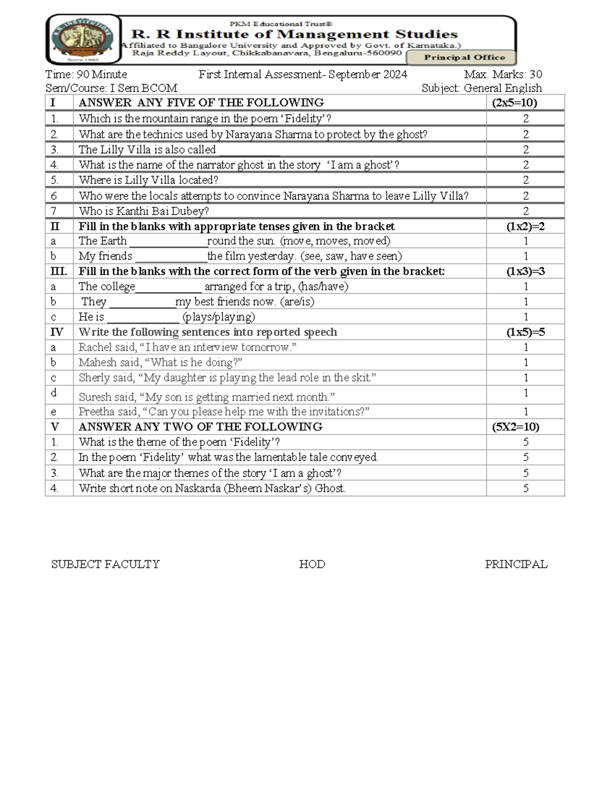 1st BCOM - General English 1st Internal Assessment Questions - Studocu