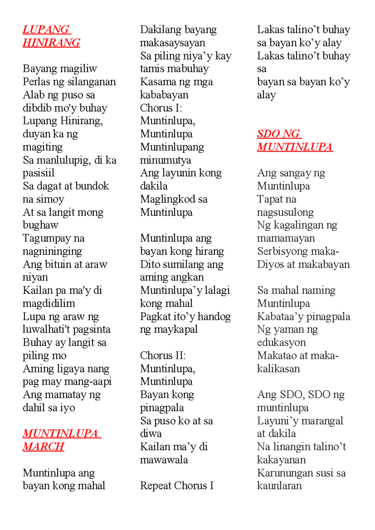 Lyrics for Completion of Philippine National and Local Songs - Studocu