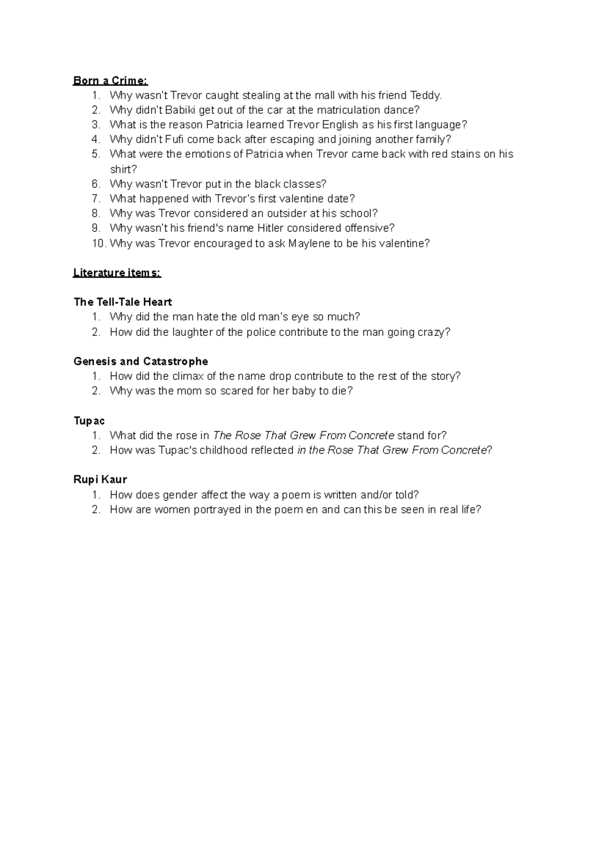 Sample Literature Test Questions: Born a Crime & More - Studeersnel