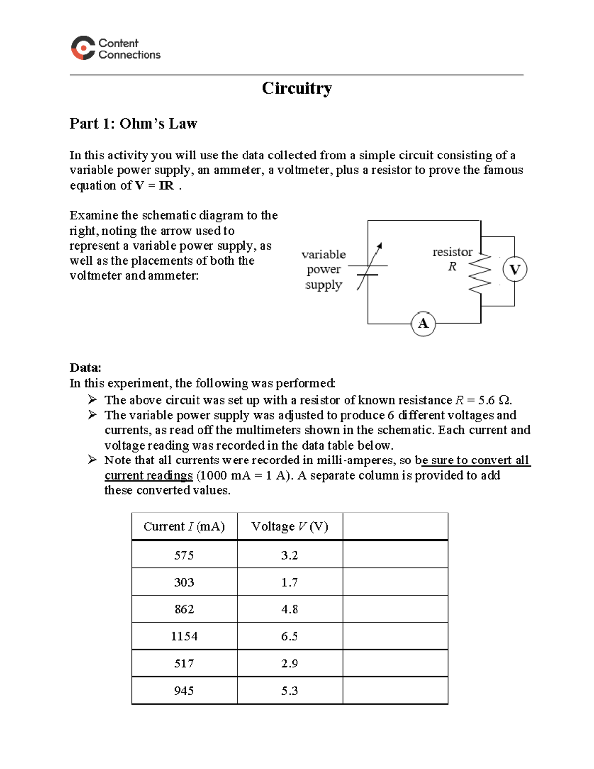 Lab 2 - Circuitry: Exploring V = IR in Physics Unit 3 - Studocu