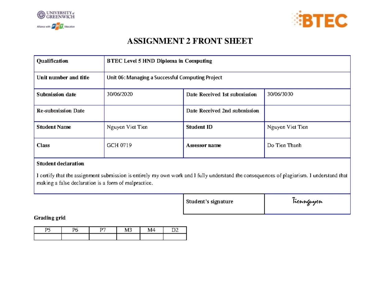 Unit 06 Assignment 1 frontsheet - ASSIGNMENT 1 FRONT SHEET Qualification BTEC Level 5 HND ...