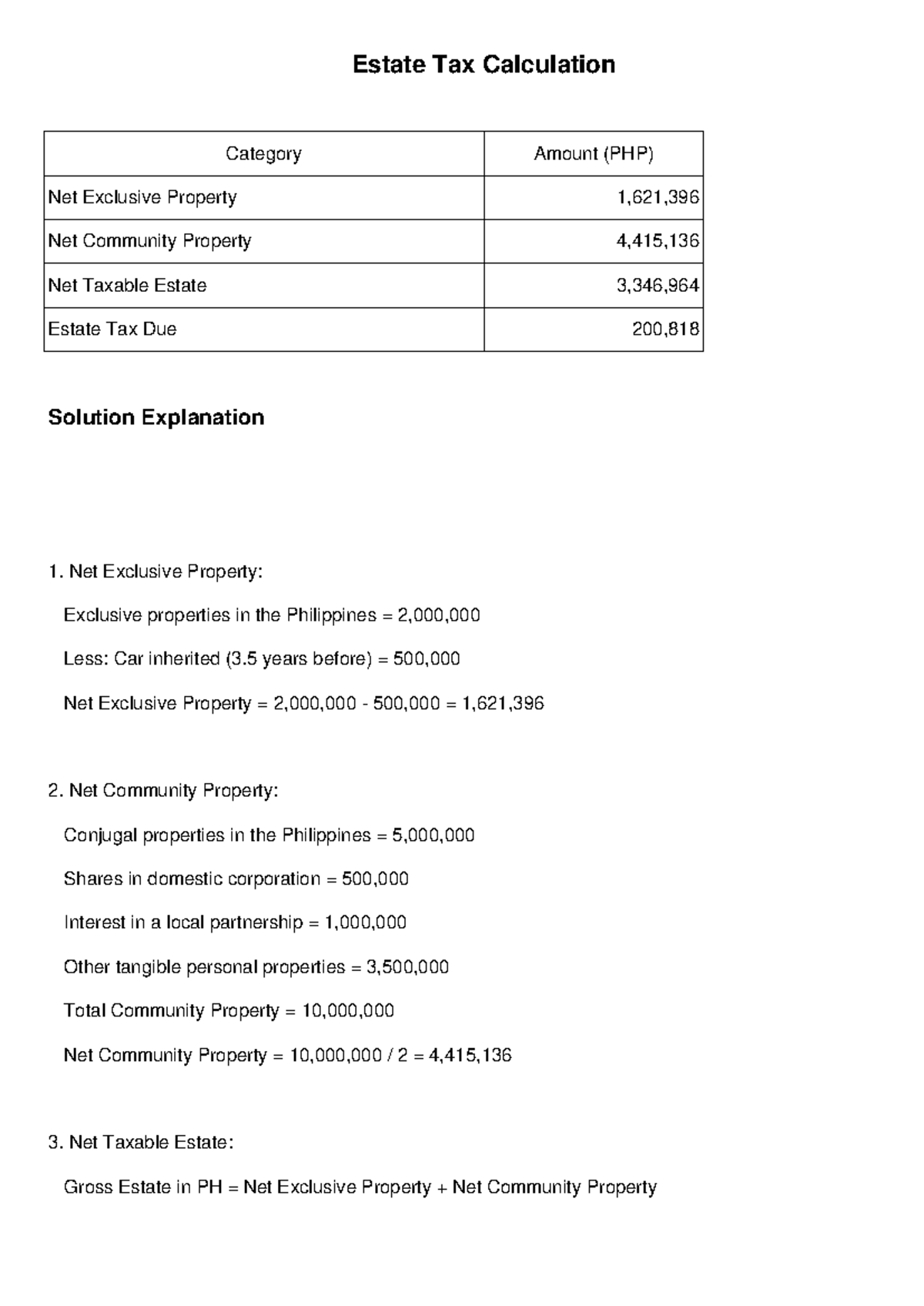 Estate Tax Solution - Estate Tax Calculation Category Amount (PHP) Net ...