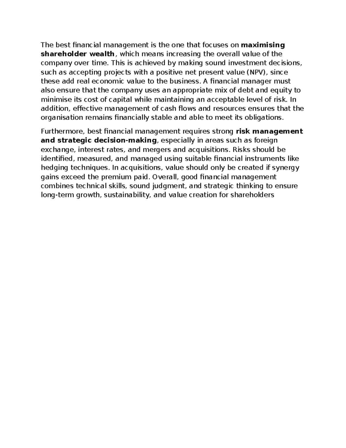 Financial Management Strategies for Maximizing Shareholder Wealth - Studocu