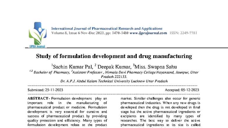 Study of Formulation Development in Drug Manufacturing (B.Pharm) - Studocu