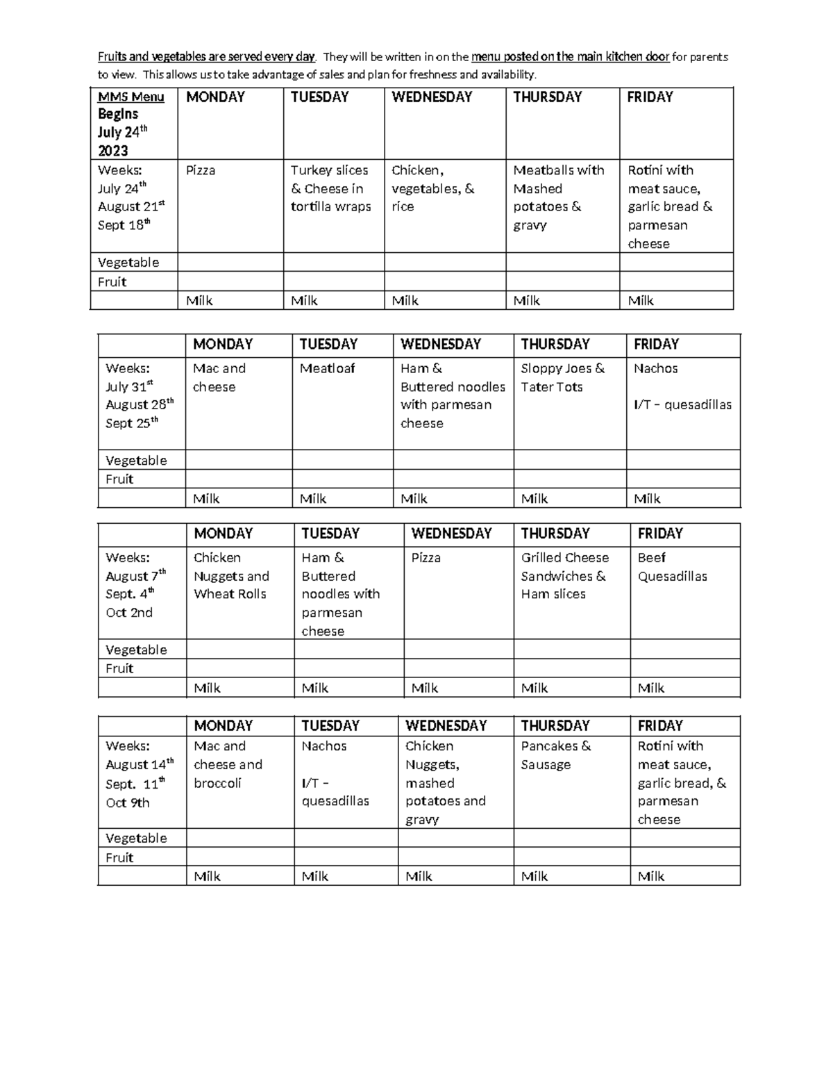 MMS Menu: July 24th - October 9th, 2023 - Studocu