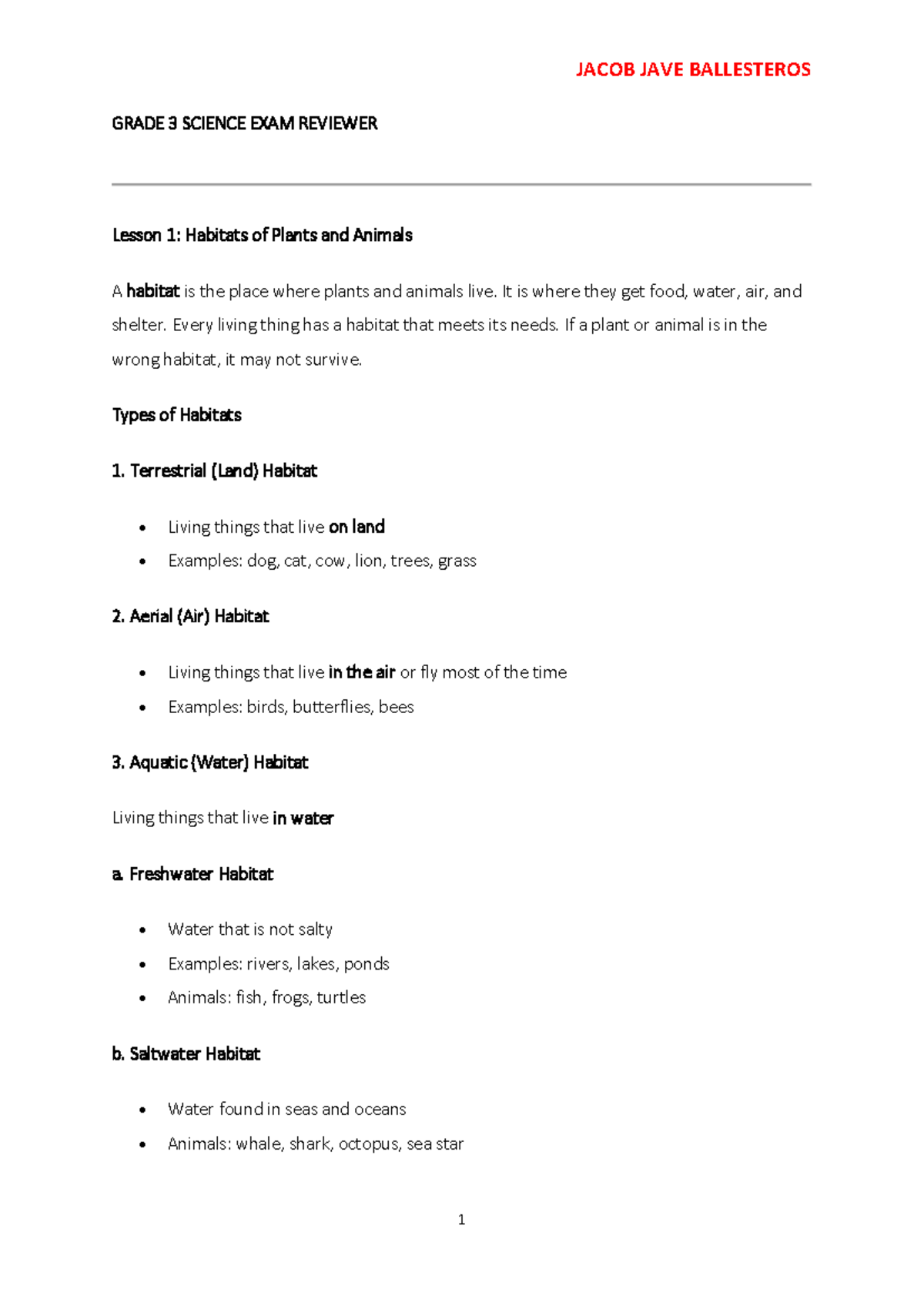 JACOB JAVE BALLESTEROS GRADE 3 SCIENCE EXAM REVIEWER - Studocu