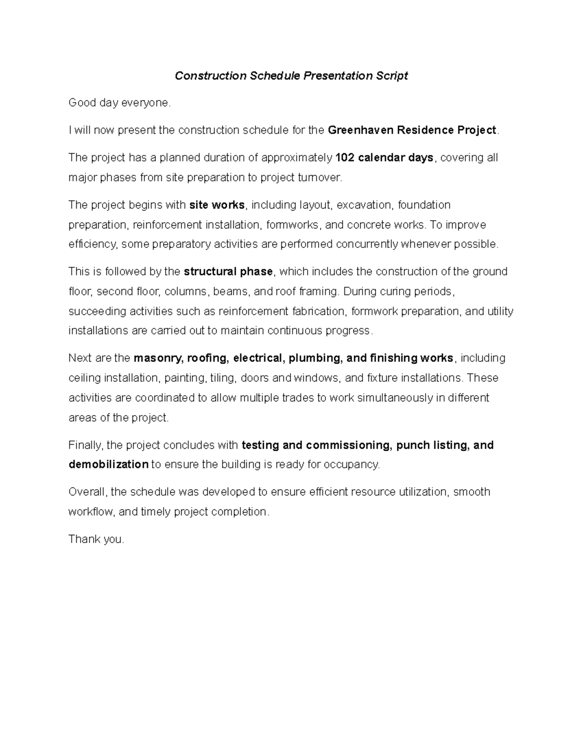 CMPM Construction Schedule Presentation for Greenhaven Residence - Studocu