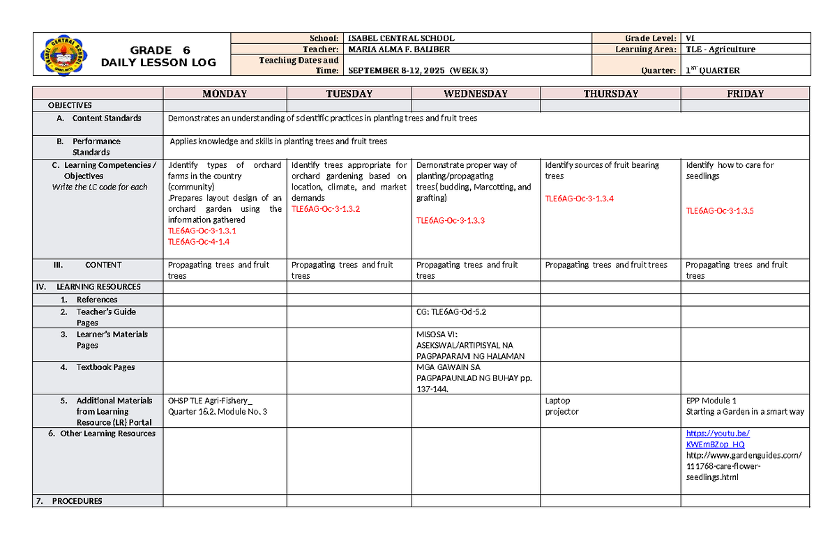 DLL EPP 6 Q1 W3 - Daily Lesson Log on Orchard Gardening - Studocu