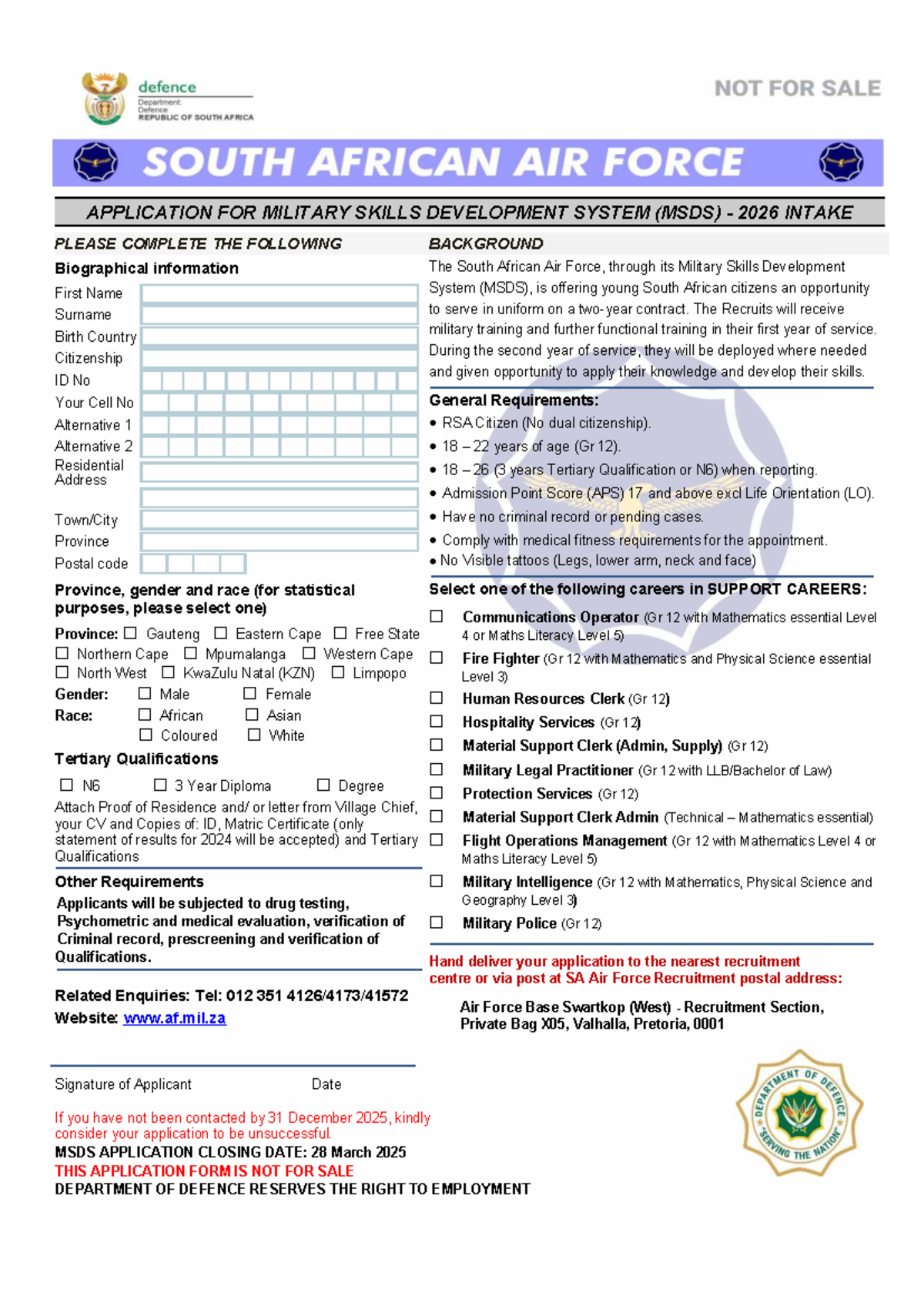 SA Air Force MSDS Application Form for 2026 Intake - Studocu