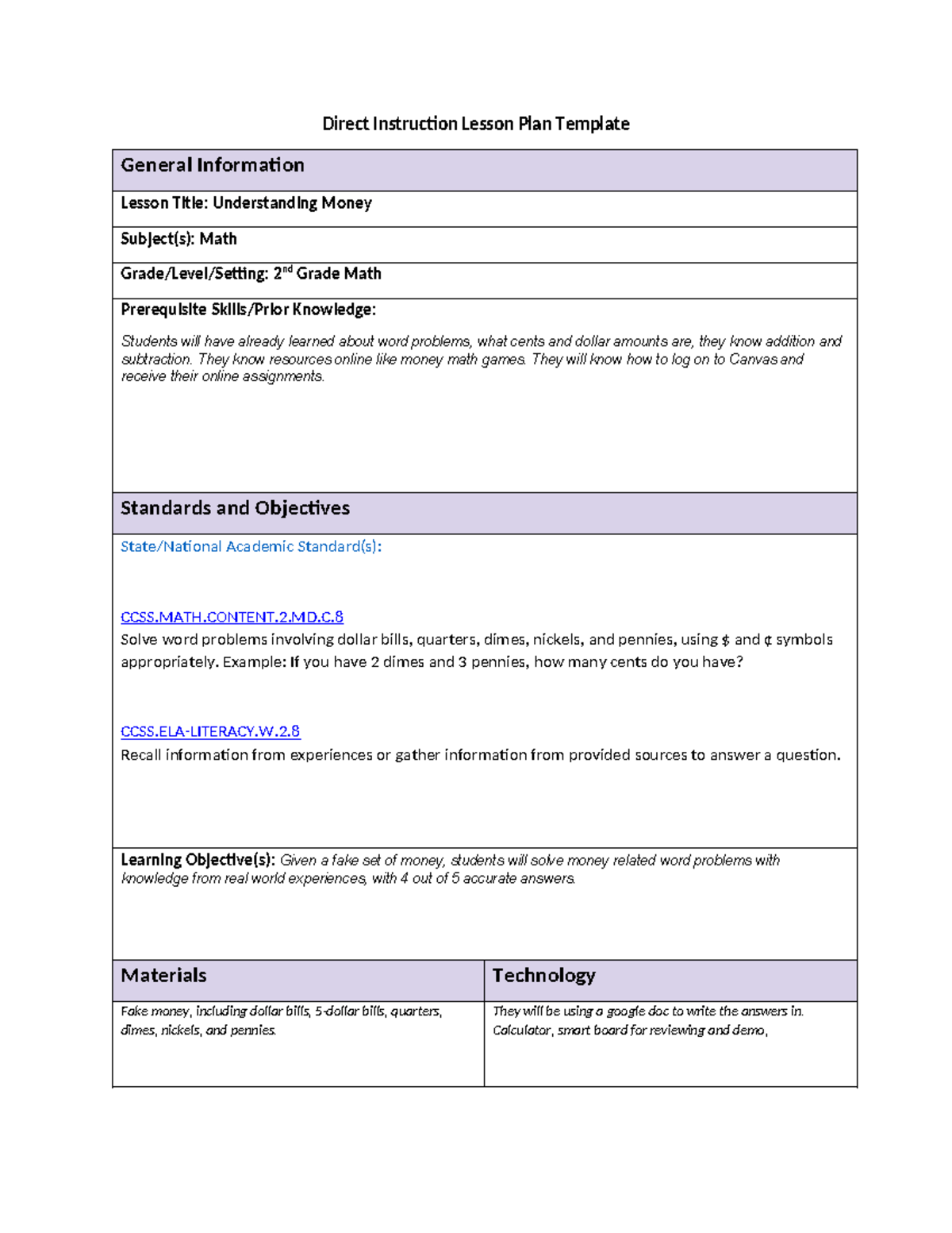 D237 Math Lesson Plan: Understanding Money for 2nd Grade - Studocu