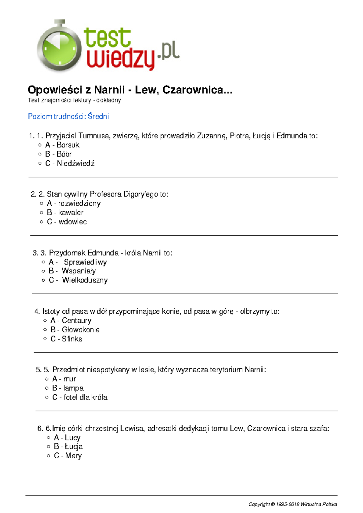 Test znajomości lektury: Opowieści z Narnii - Lew, Czarownica (Średni ...