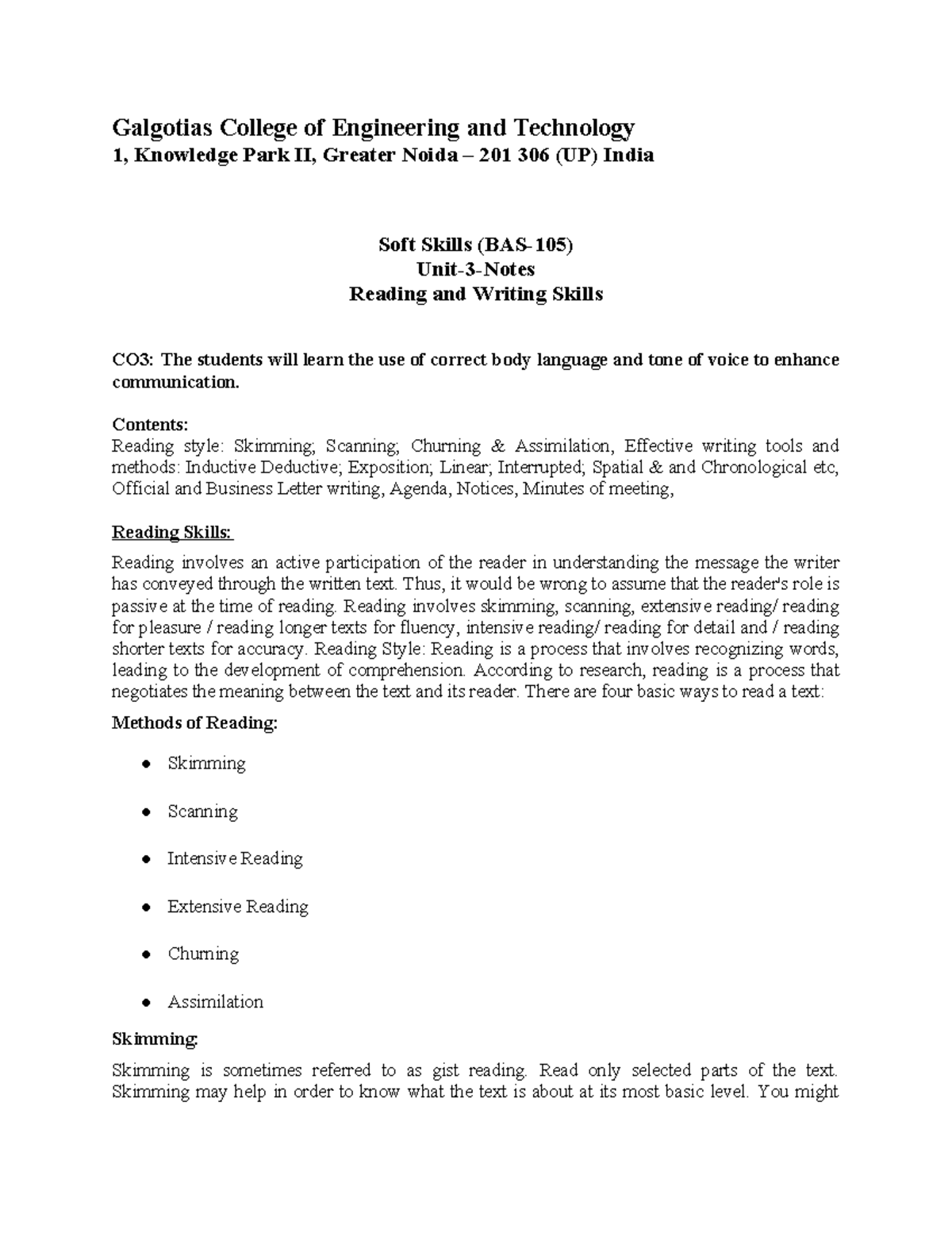 BAS-105 Soft Skills Unit 3 Notes: Reading & Writing Skills Overview ...