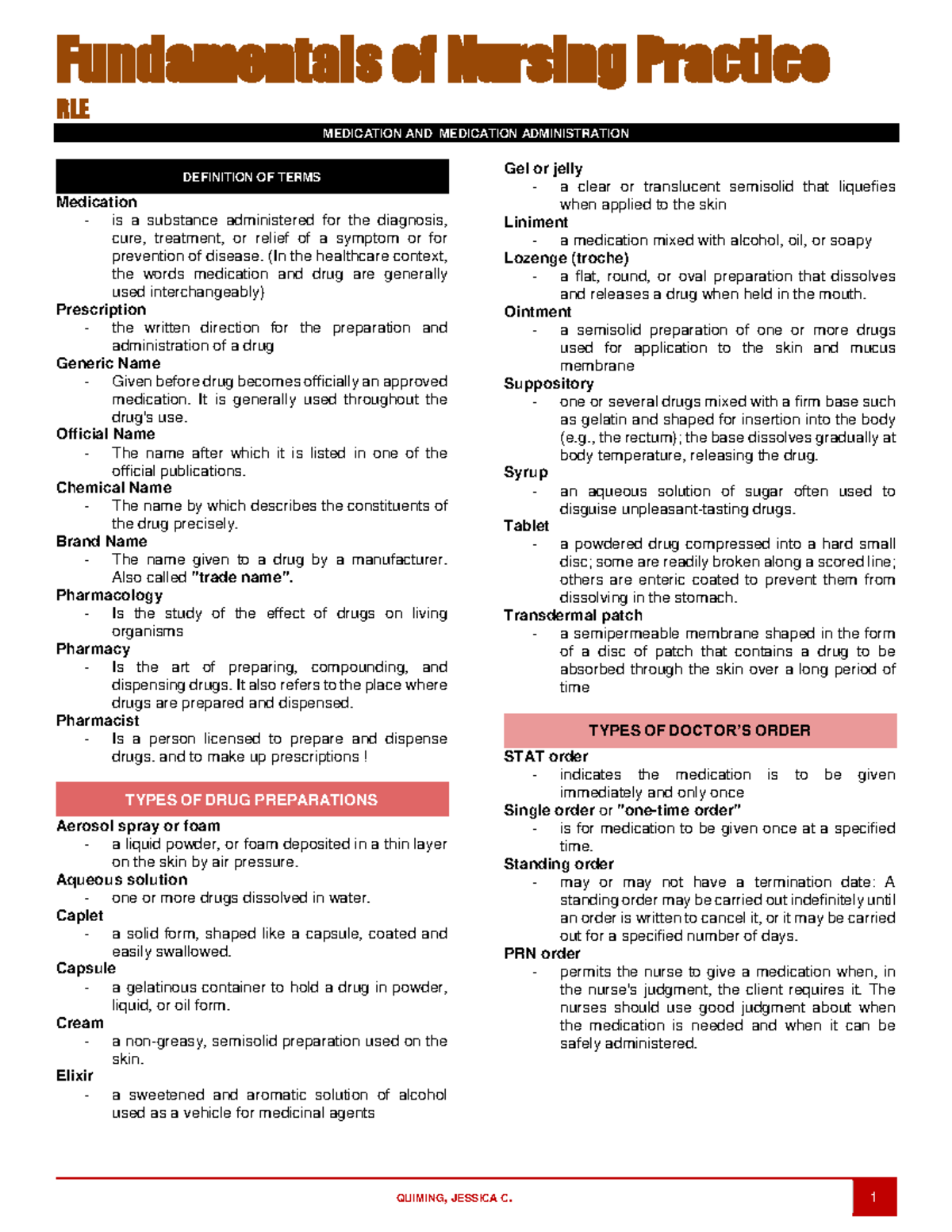 Funda-RLE-MMA: Medication Administration & Definitions in Nursing - Studocu