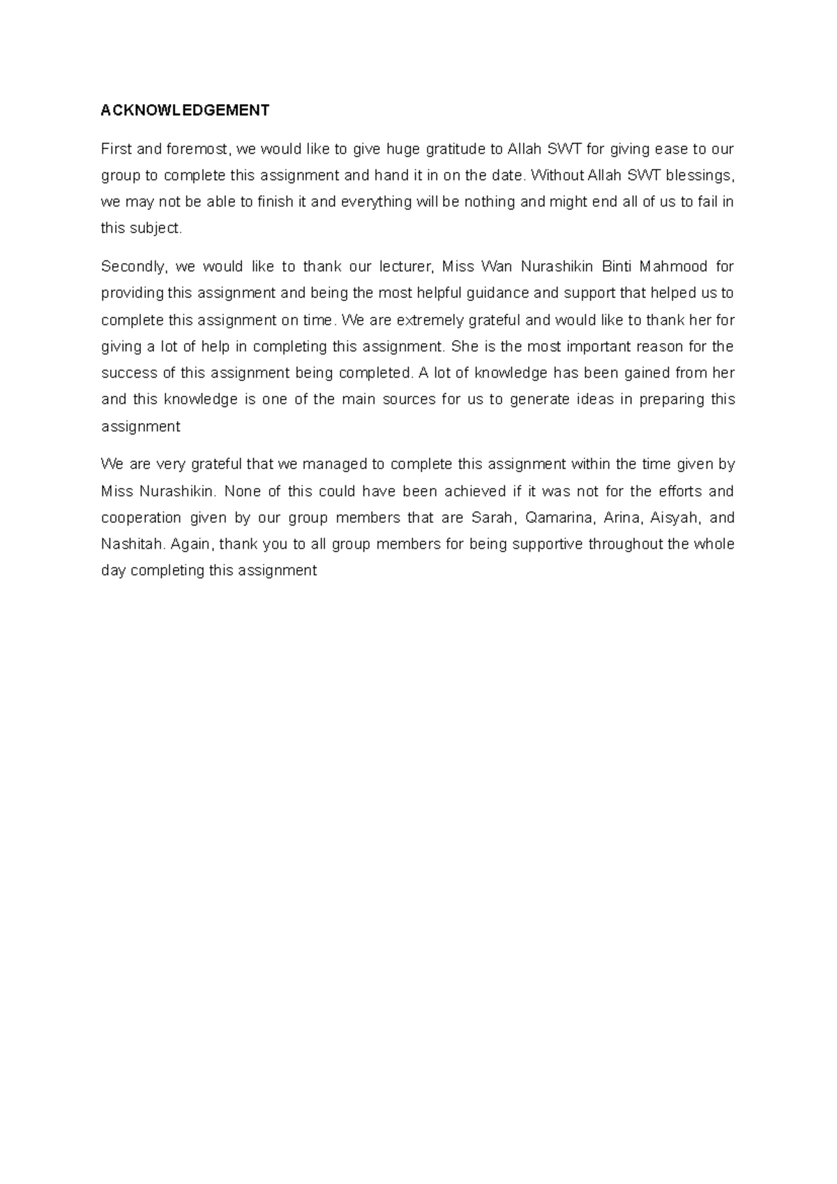 Acknowledgement for FIN250 Group Assignment Completion - Studocu