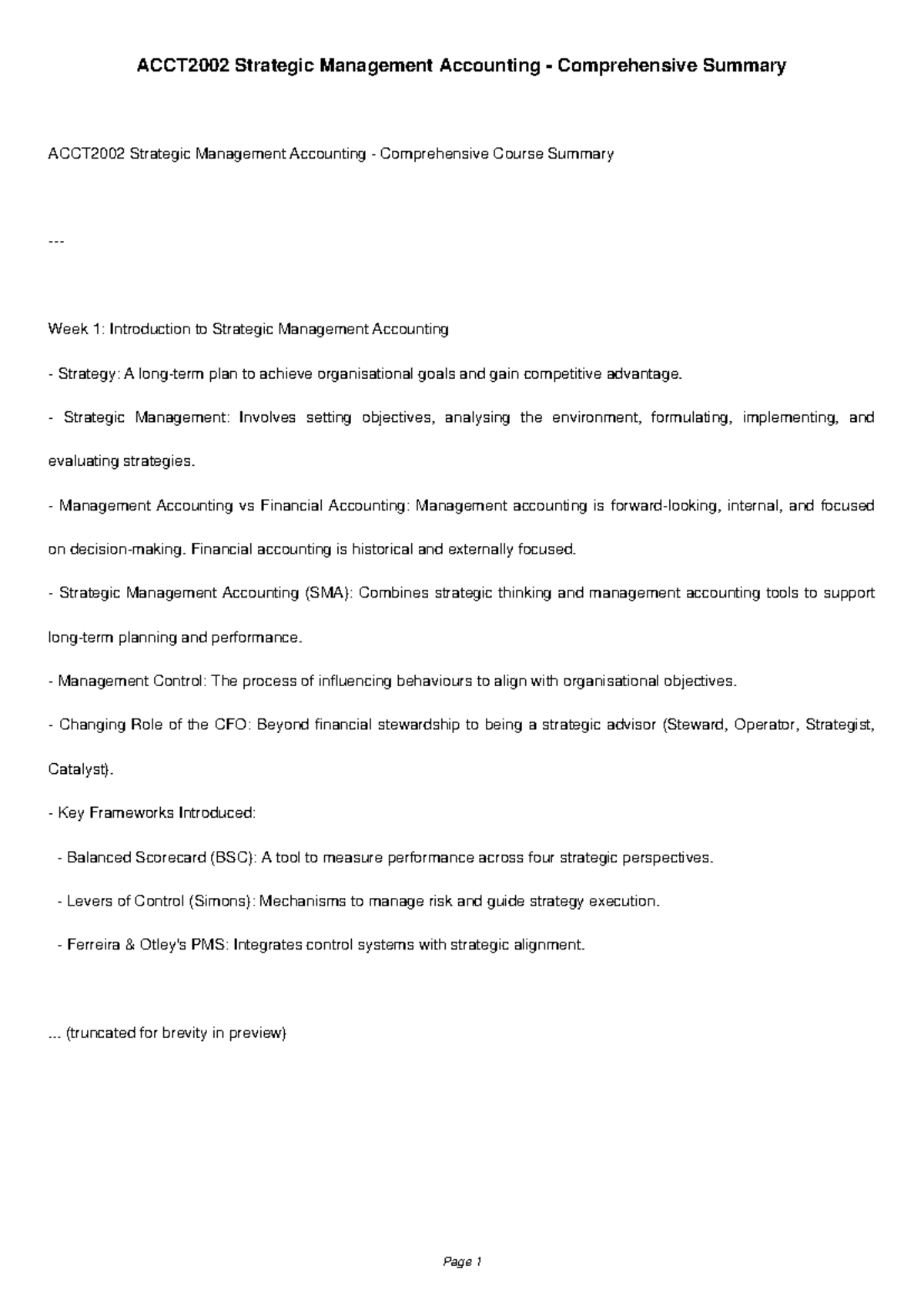 ACCT2002 Strategic Management Accounting Complete Course Summary - Studocu