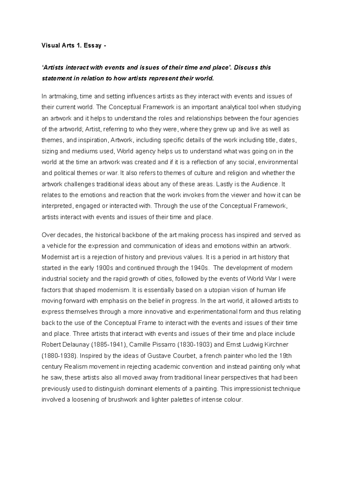 HSC Visual Arts Essay: Artists' Response to Time and Place - Studocu