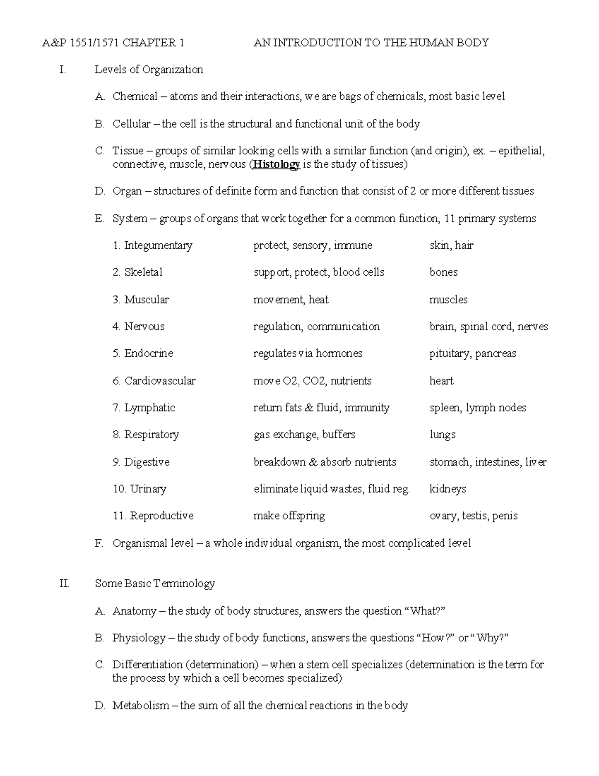 A&P 1551 & 1571 CH 1 Intro to the Human Body Notes - Studocu