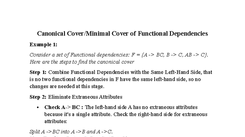 Minimal Cover of Functional Dependencies: Example & Steps - Studocu