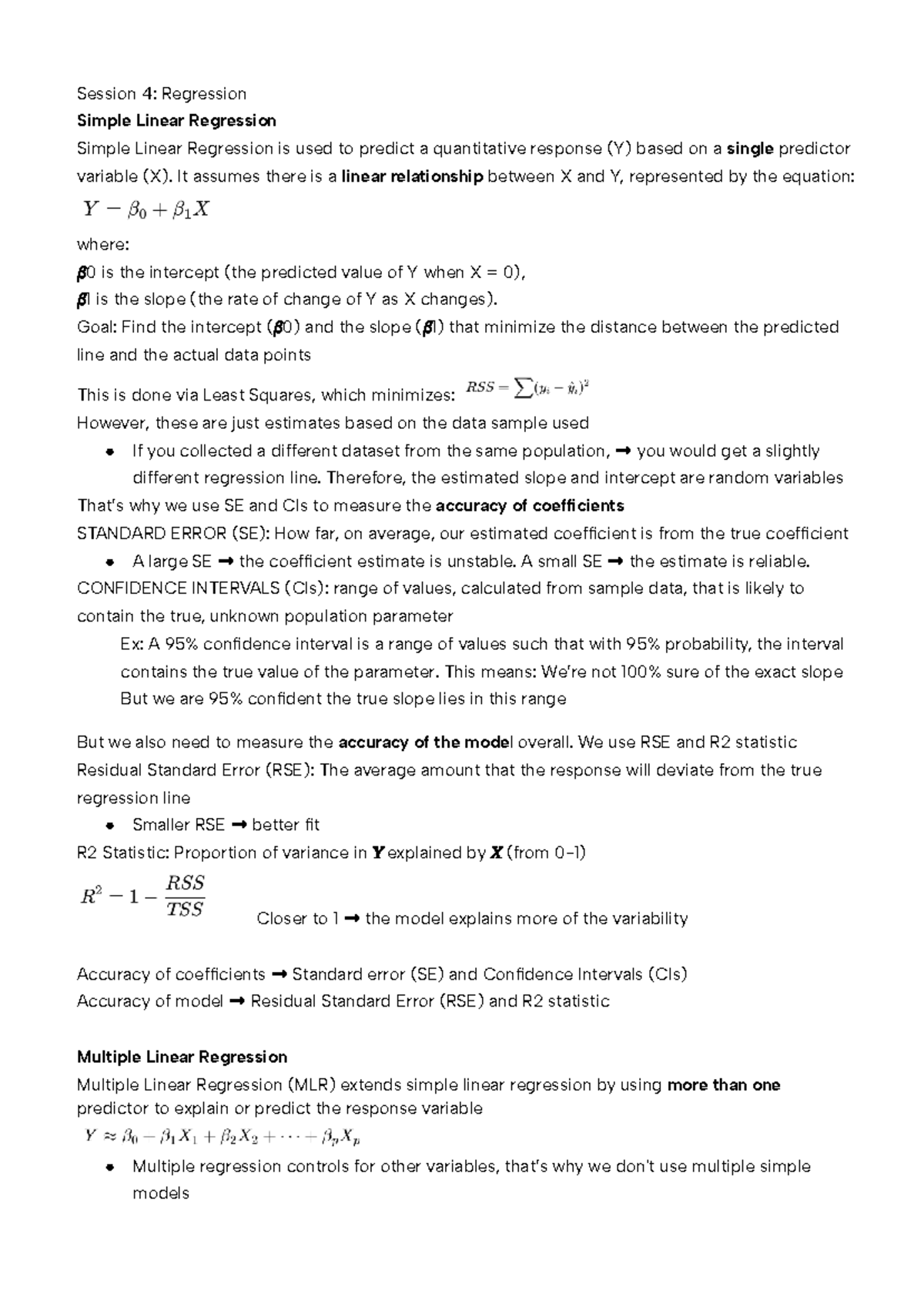 Session 4: Linear Regression Concepts & Error Measurement in MLR - Studocu