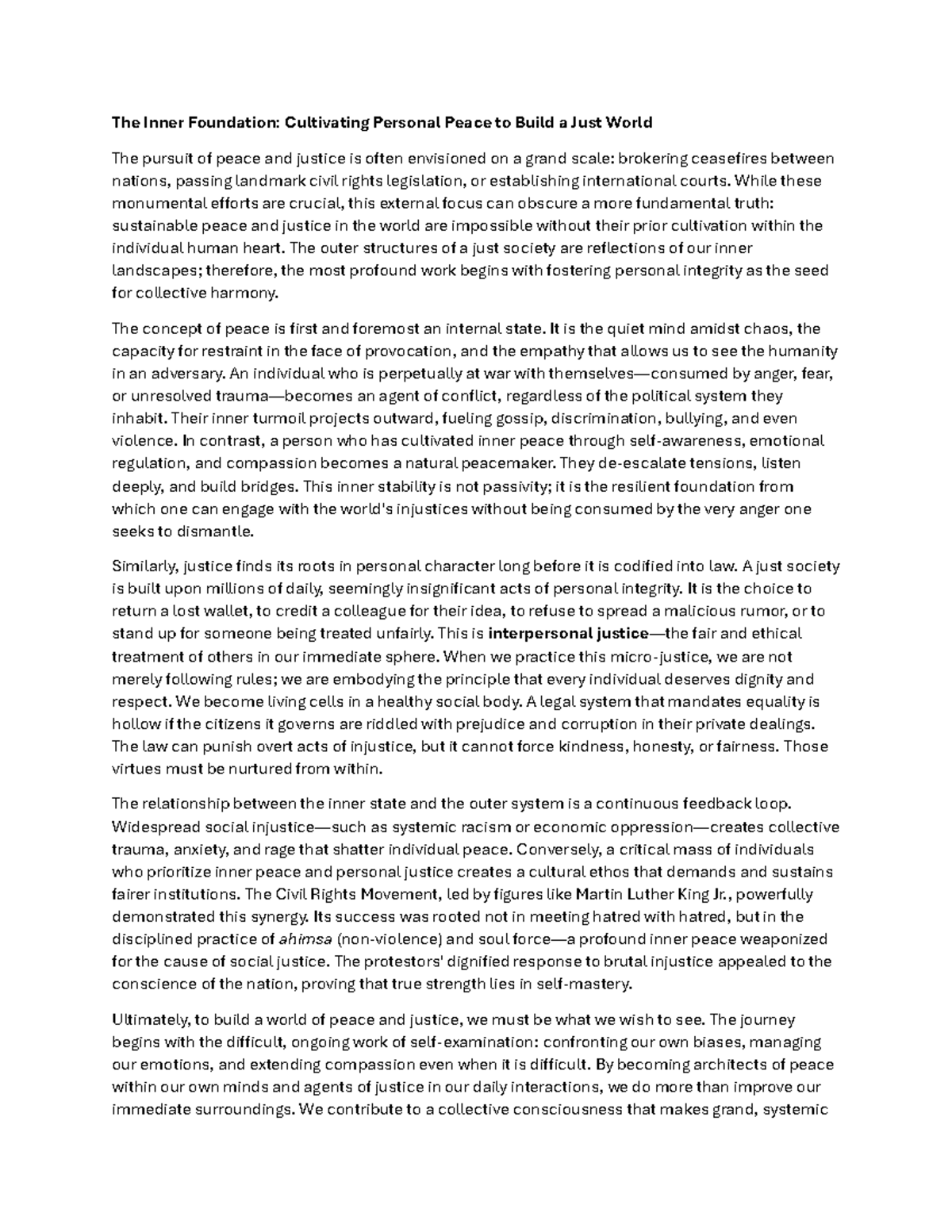 The Inner Foundation: Cultivating Peace for Justice - Essay Notes - Studocu