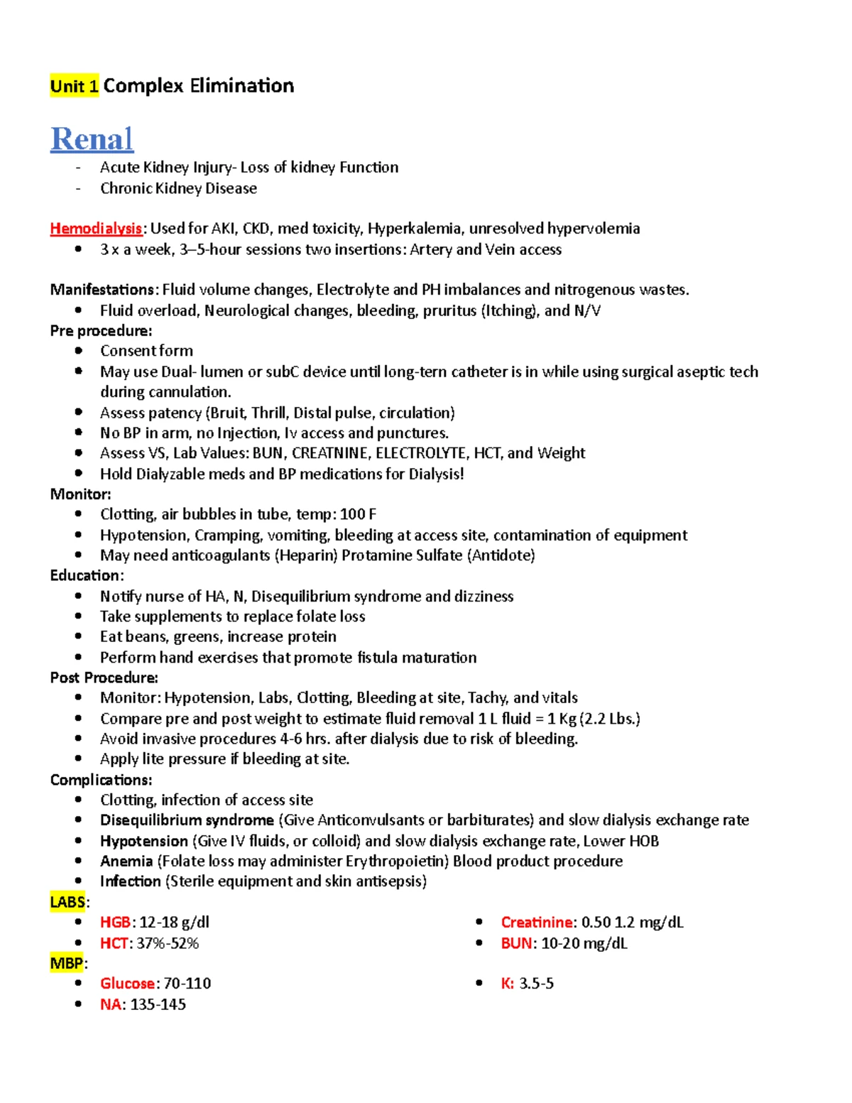Med Surg Exam 1 Review - Notes - Unit 1 Complex Elimination Renal Acute ...