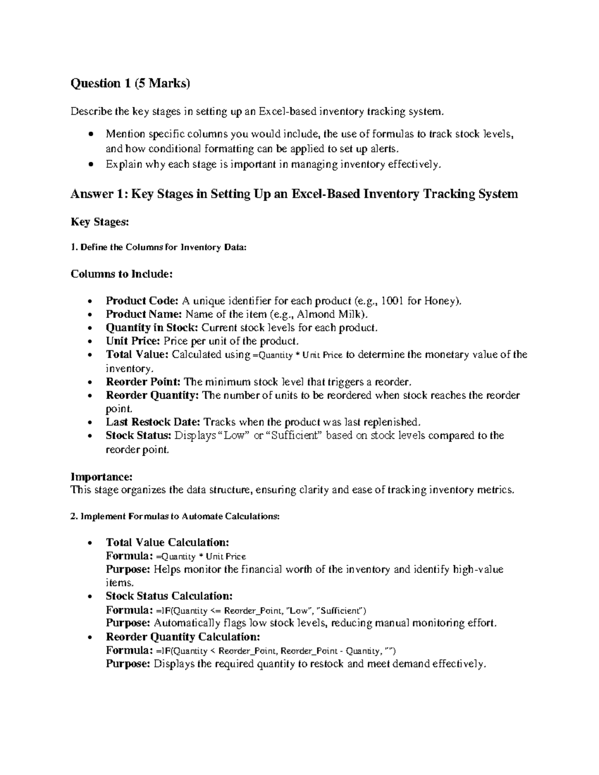 Excel Inventory Mgt - Question 1 (5 Marks) Describe the key stages in ...