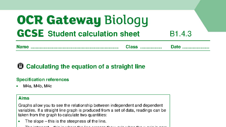 B1.4.3 Student Calculation Sheet: Straight Line Equations in Biology ...