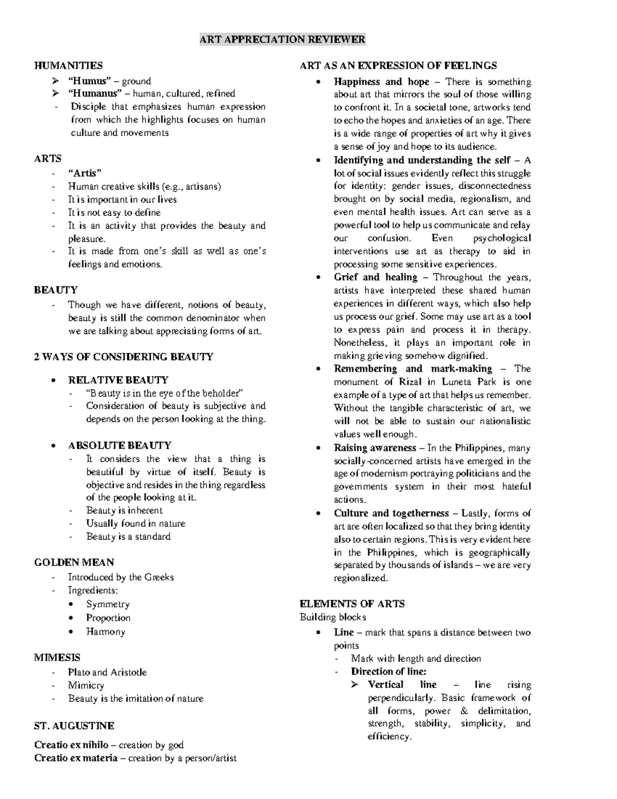 ART APPRECIATION REVIEWER (HUMANITIES) - Key Concepts & Insights - Studocu