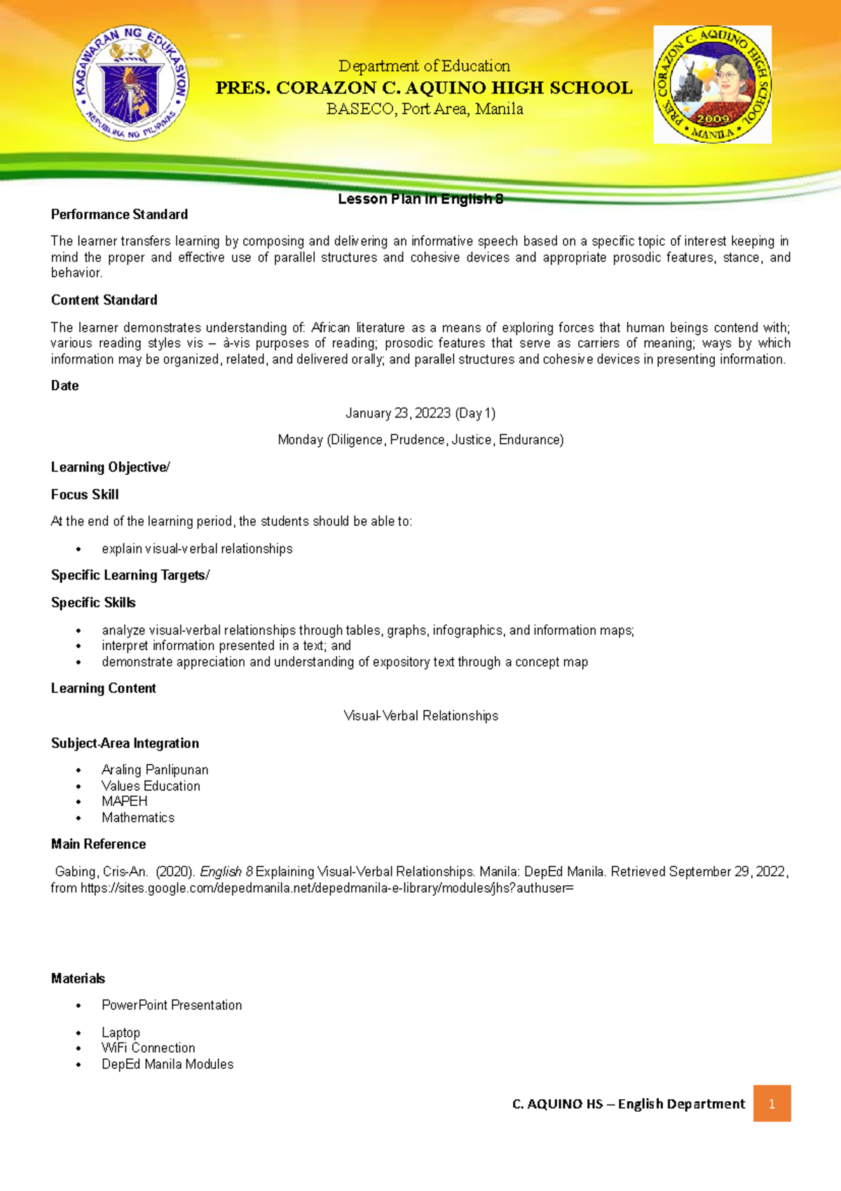 Visual- Verbal- Illustration - Lesson Plan in English 8 Performance ...