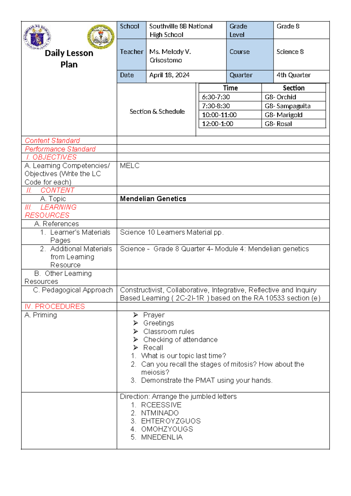 Daily Lesson Plan: Science 8 - Mitosis and Meiosis (Grade 8) - Studocu