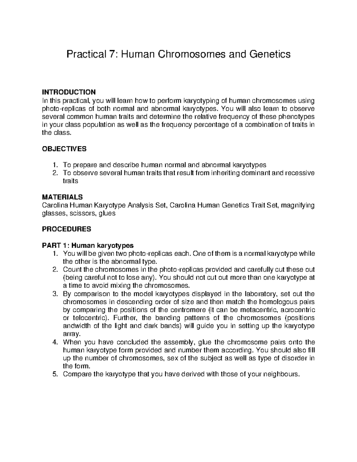 P7 Practical on Human Chromosomes & Genetic Traits Analysis - Studocu
