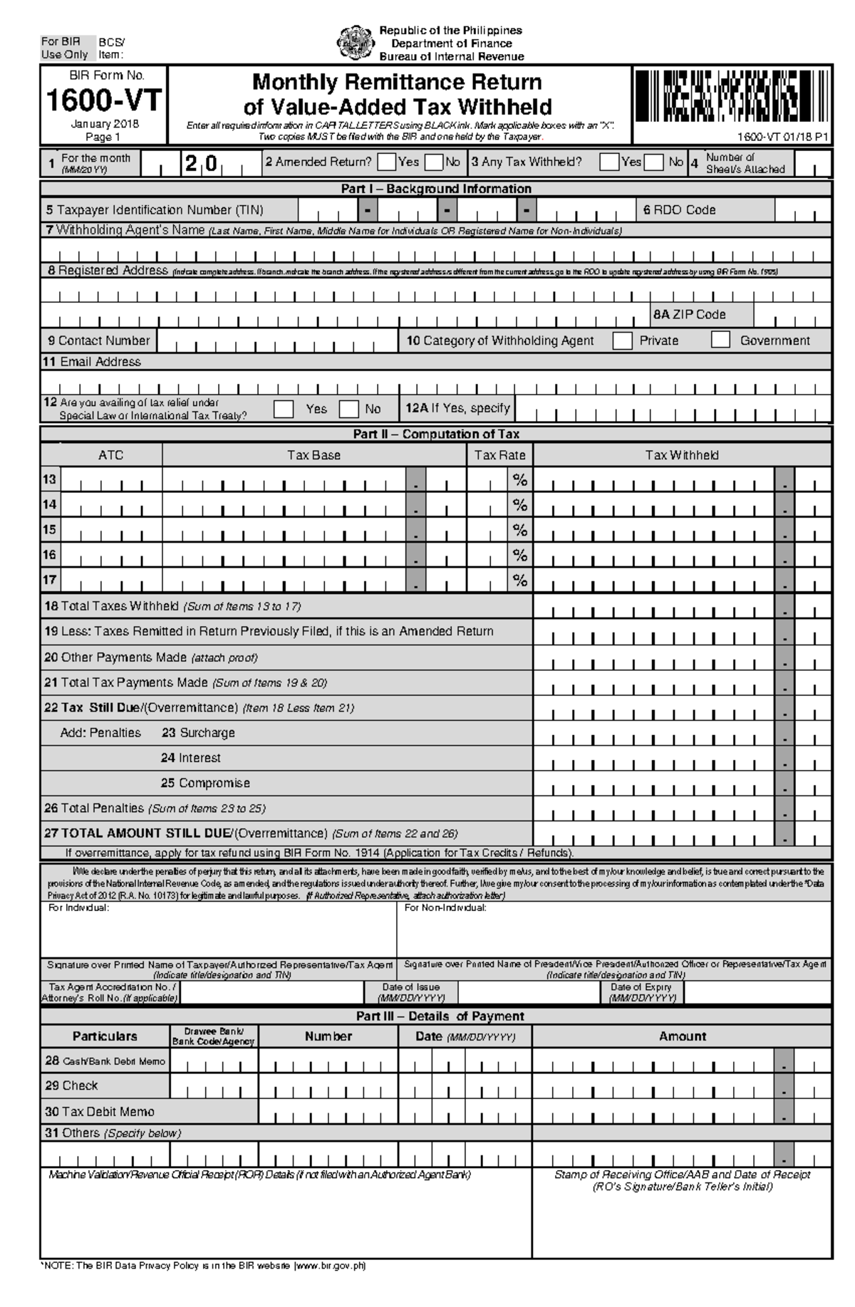 TAX300 - BIR Form 1600-VT - BIR Form No. 1600 -VT January 2018 Page 1 ...